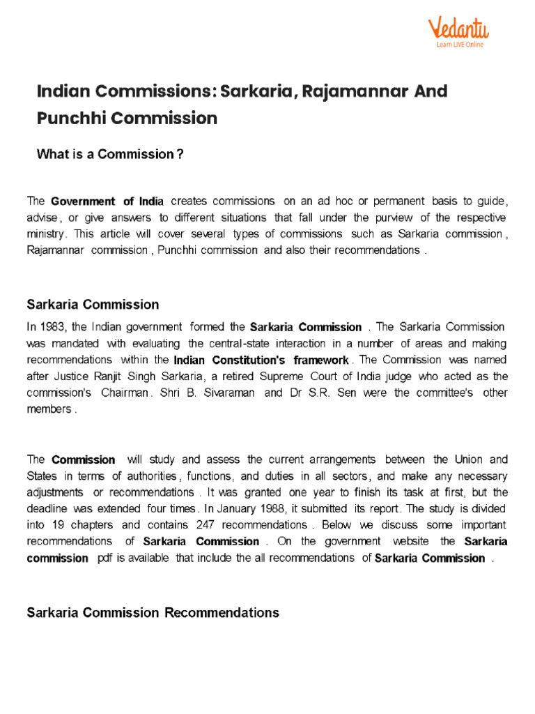 Indian Commissions - Sarkaria, Rajamannar and Punchhi Commission | PDF