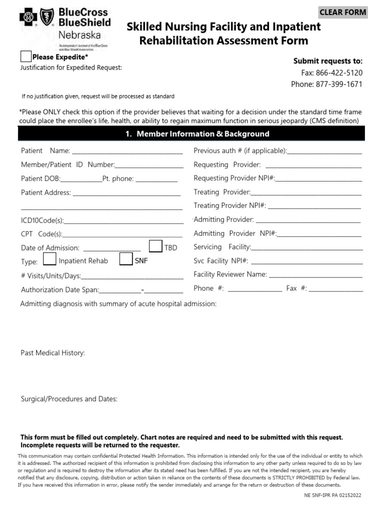 SNF Rehabilitation Assessment Form | PDF | Patient | Clinical Medicine