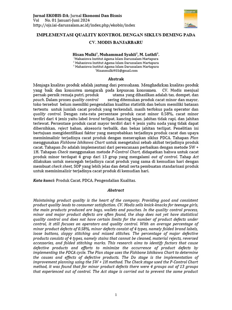 Analisis Produk Cacat Menggunakan Siklus Pdca Pada Cv. Modis Banjarbaru ...