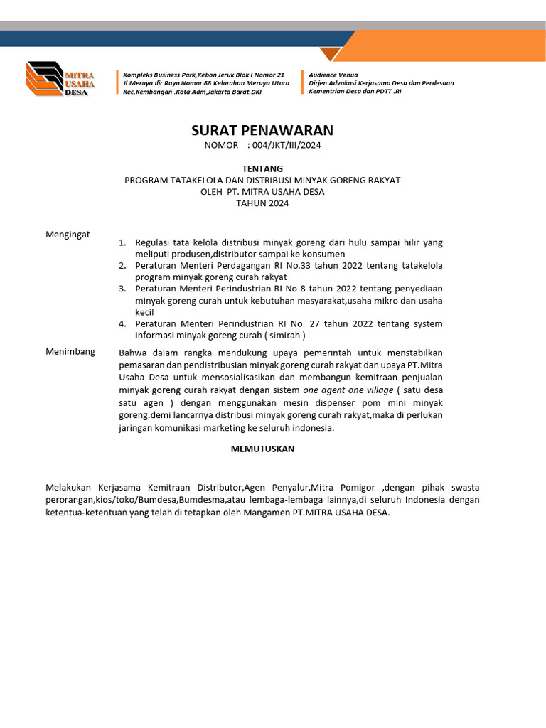 Penawaran Kemitraan Distribusi Minyak Goreng 2024 | PDF | Bisnis | Griya & Taman