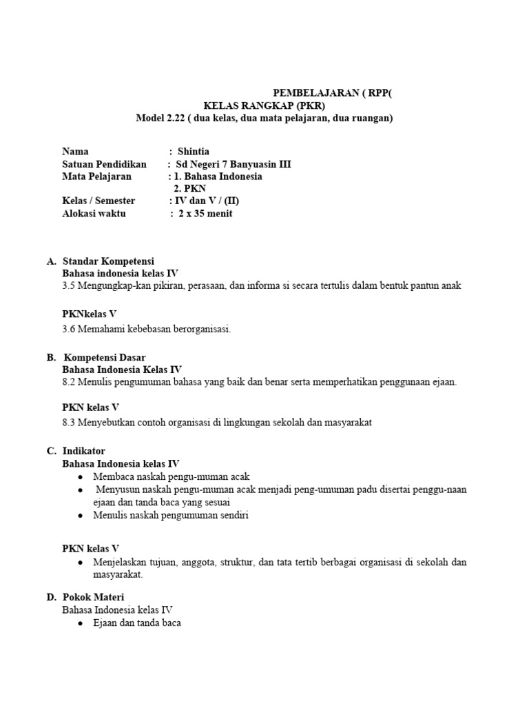 RPP PKR Model 222 Kelas 4 Dan 5 Ips PKN | PDF