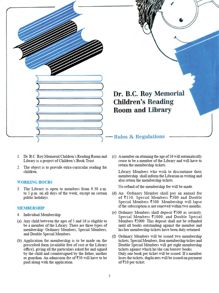 DR B C Roy Memorial Childrens Reading Library Rules and Membership Form ...