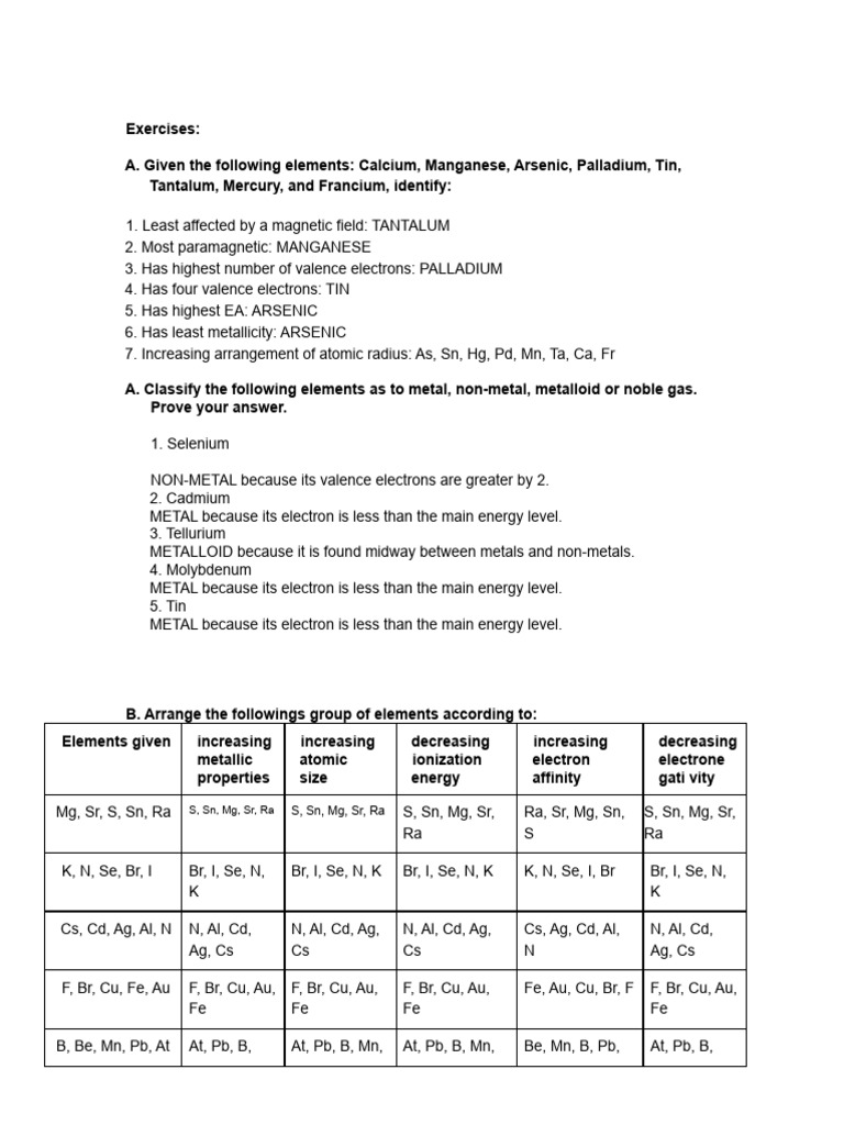 Exercises PERIODIC TABLE | PDF | Metals | Selenium