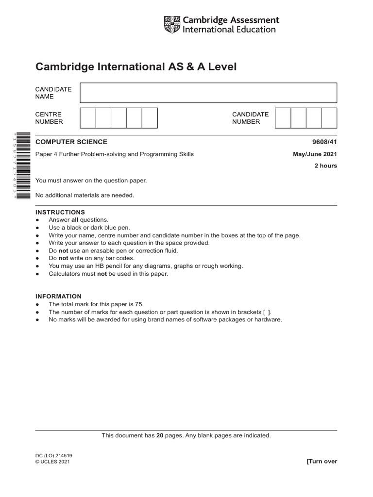 Cambridge International AS & A Level: Computer Science 9608/41 | PDF ...