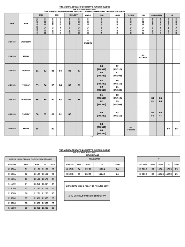 Fyjc - Sci - Ii Sem Pract & Oral Time Table 23-24 | PDF