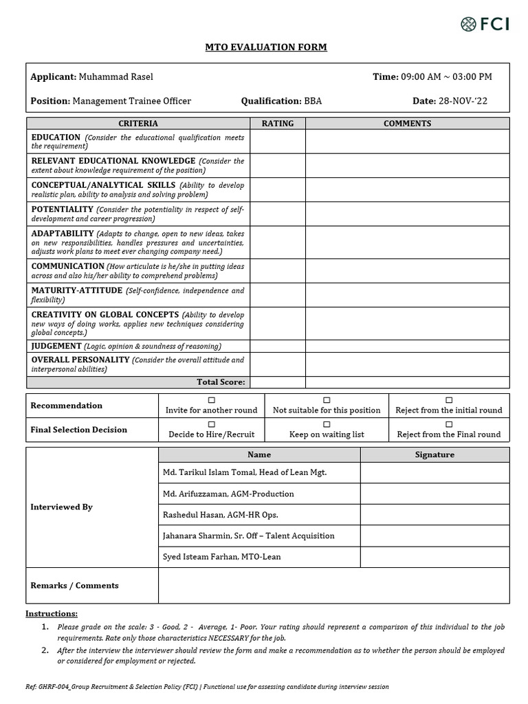 MTO Evaluation Form Guide | PDF | Cognition | Learning