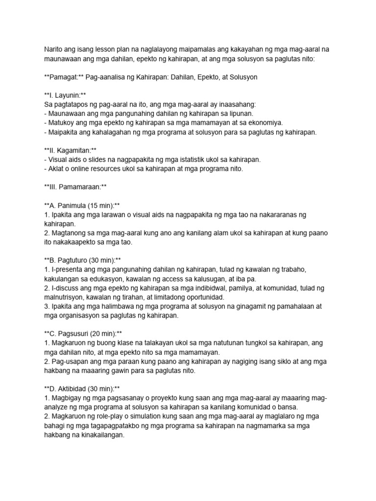 Pag-Aanalisa NG Kahirapan - Dahilan, Epekto, at Solusyon | PDF