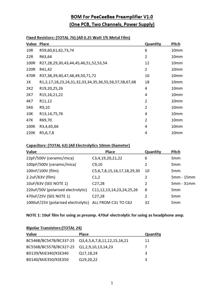 Peeceebee Preamp v1.0 Bom1 | Download Free PDF | Electrical Engineering | Components