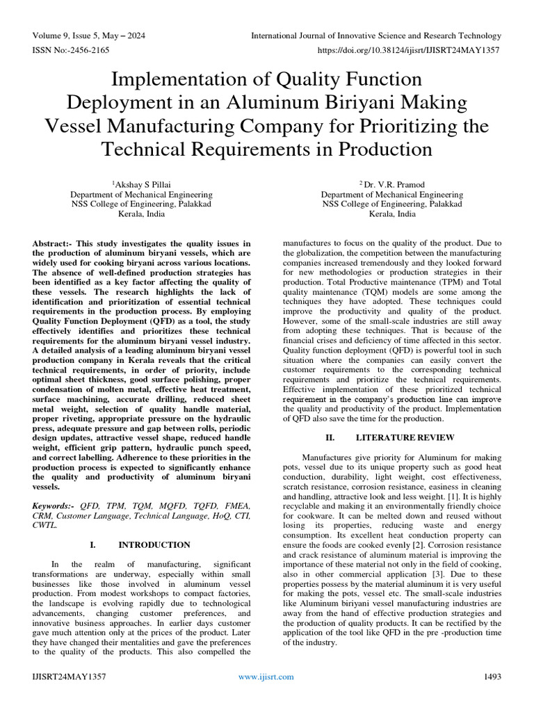 Implementation of Quality Function Deployment in An Aluminum Biriyani Making Vessel ...