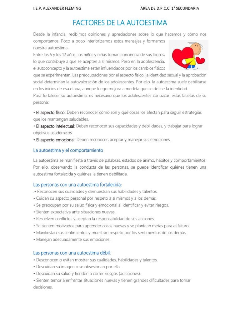 Factores de La Autoestima | PDF | Autoestima | Comportamiento
