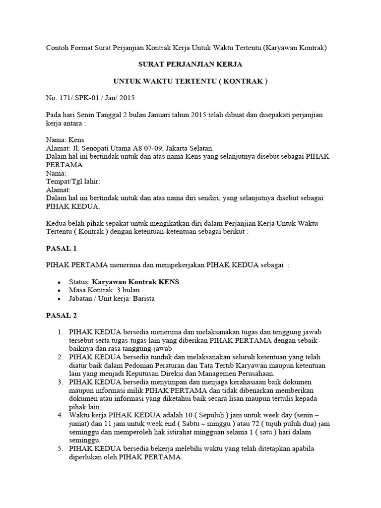 Contoh Format Surat Perjanjian Kontrak Kerja Untuk Waktu Tertentu | PDF