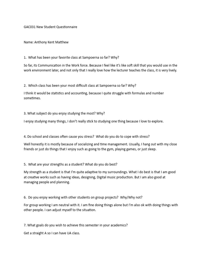 GAC 031 New Student Questionnaire | PDF | Career & Growth | Self ...