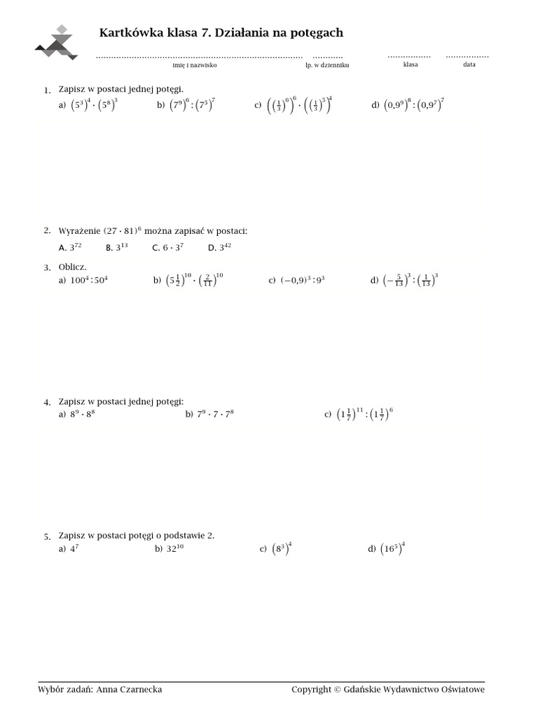 Kartkówka Klasa 7. Działania Na Potęgach: Imię I Nazwisko Lp. W ...