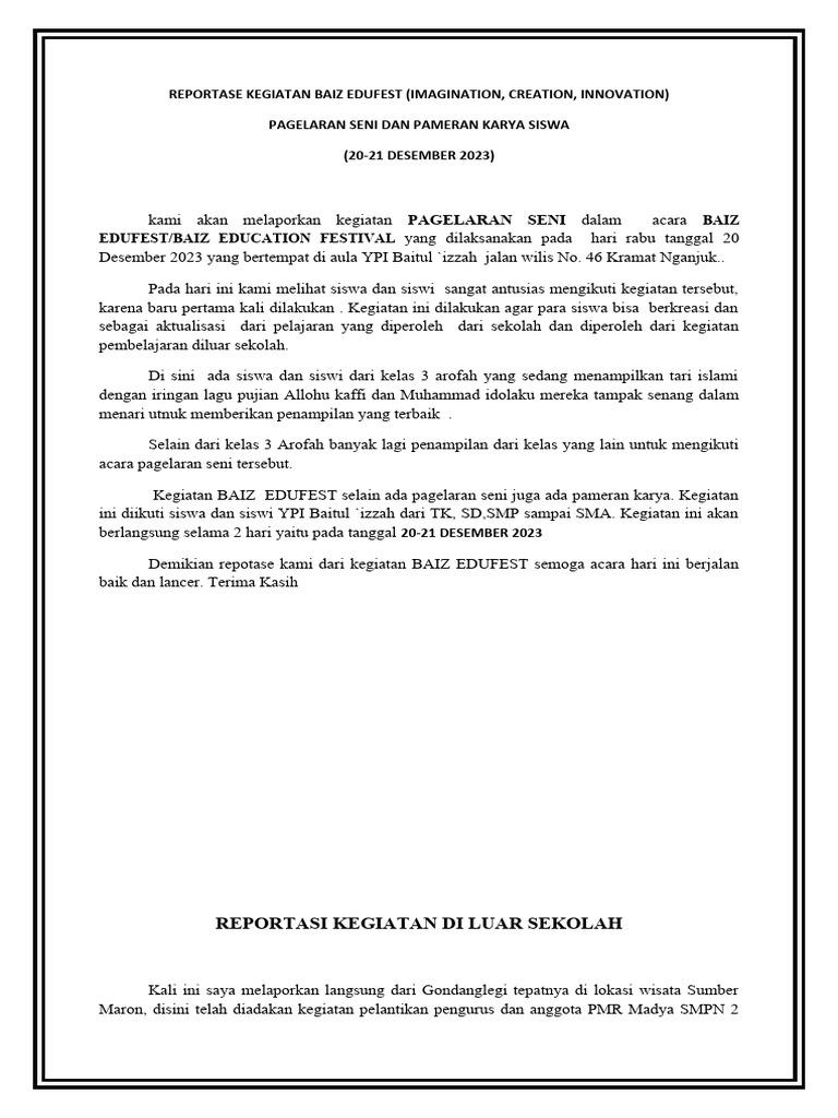 CONTOH TEKS REPORTASI KEGIATAN Report Te | PDF