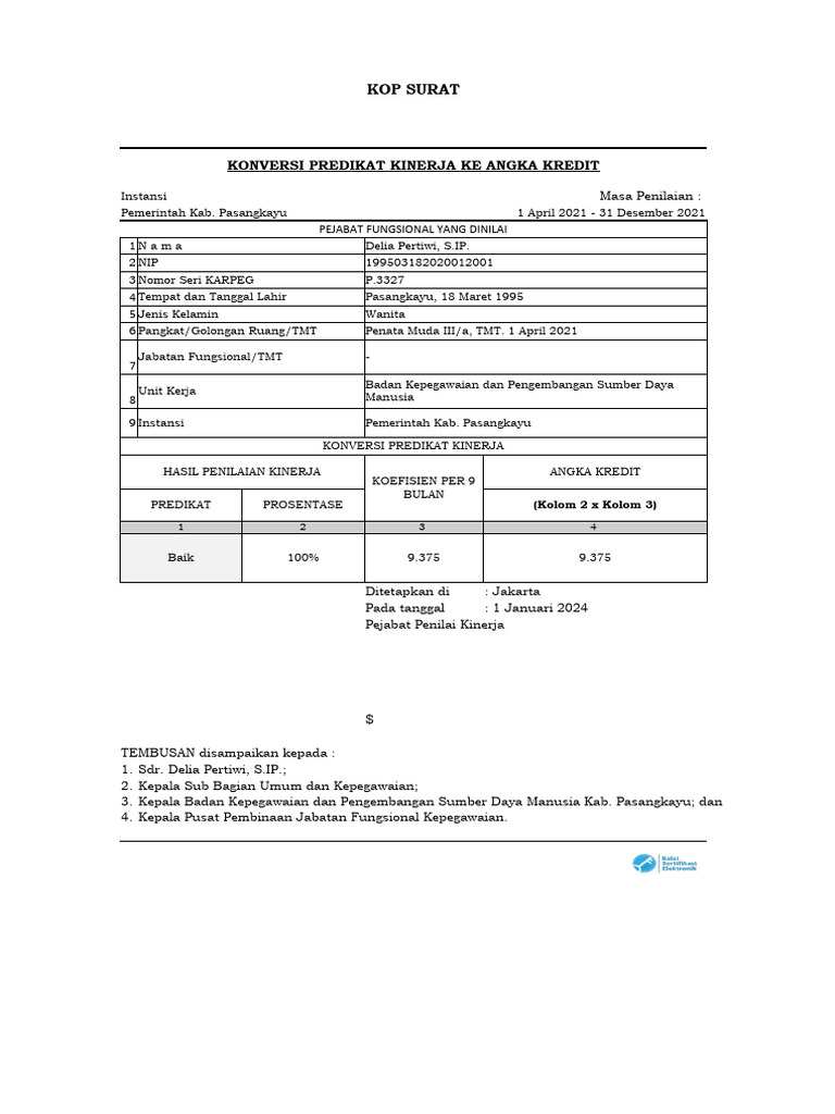 CONTOH PAK Konversi Predikat Kinerja Pengangkatan Perpindahan Dari Jabatan Lain | PDF