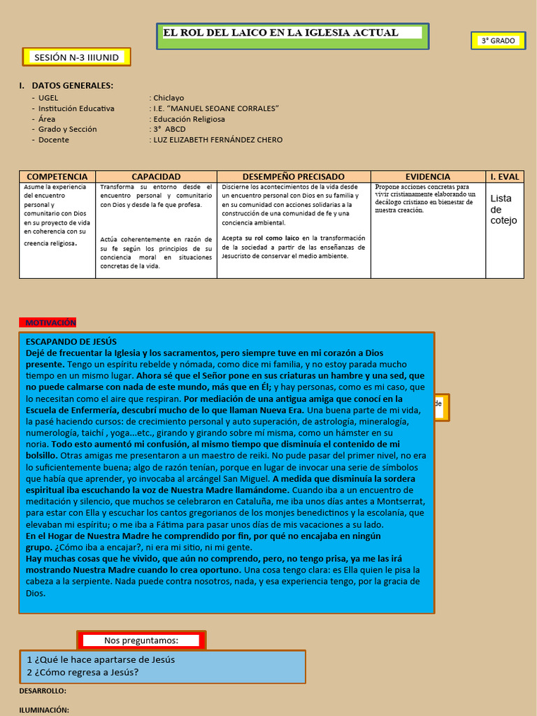 Sesión N-2 Iii Unid. Relig.3° El Rol Como Laico... | PDF | Laicado ...