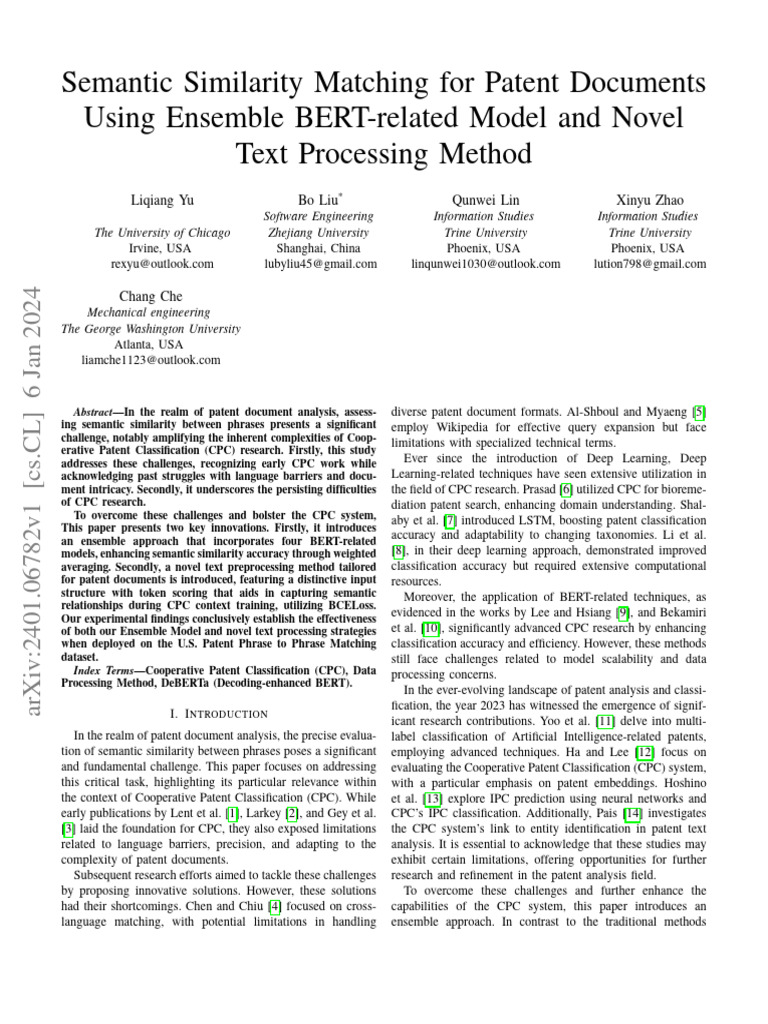 Semantic Similarity Matching For Patent Documents Using Ensemble BERT-related Model and Novel ...