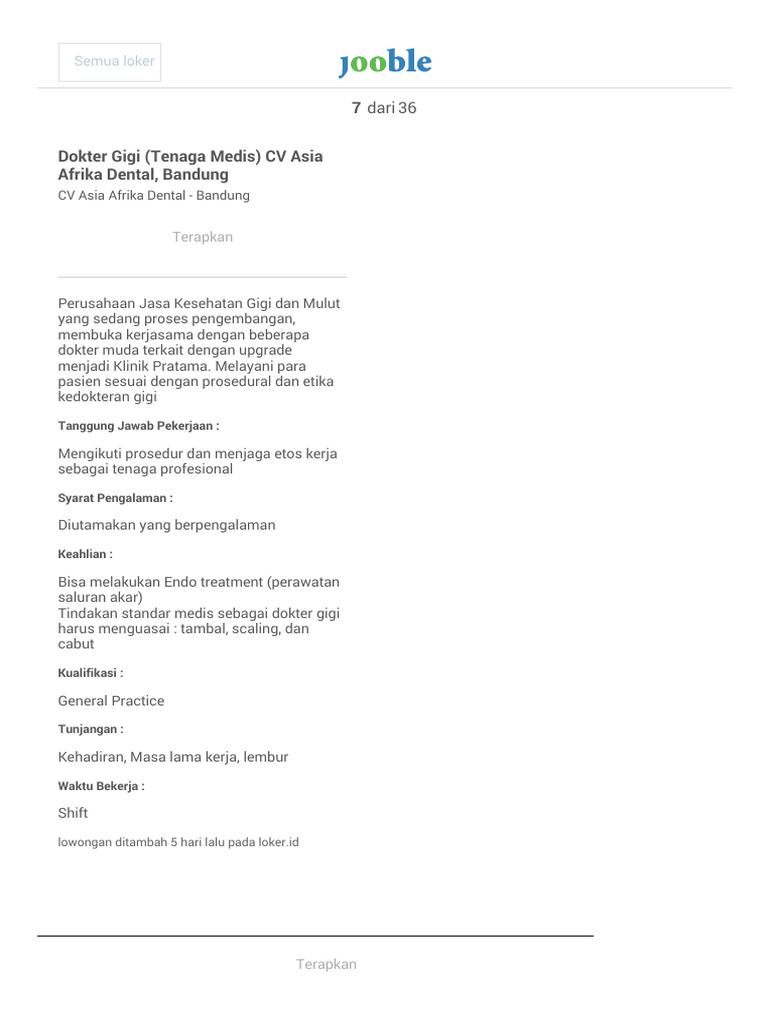 .Jooble - Dokter Gigi (Tenaga Medis) CV Asia Afrika Dental, Bandung | PDF | Karier ...