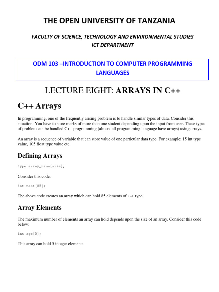 8-Lecture8 ODM103 C++Arrays | Download Free PDF | Data Type | C++ 8-Lecture8 ODM103 C++Arrays | Download Free PDF | Data Type | C++