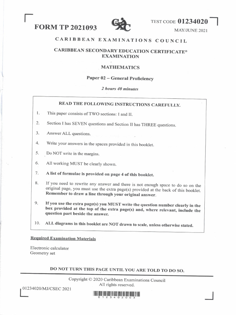 Csec Mathematics June 2021 P2 Pdf