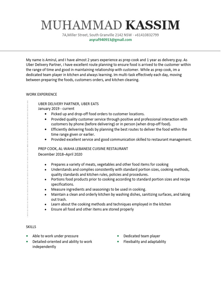 Prep Cook & Delivery Resume Australia | PDF