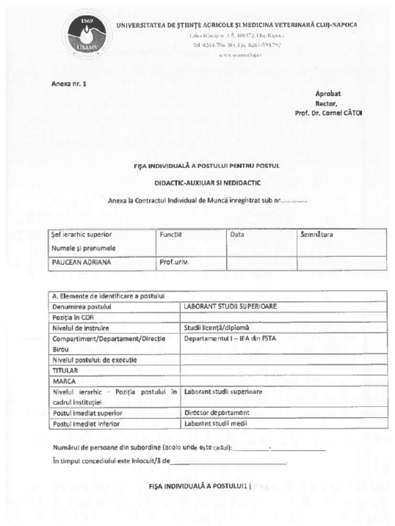 Fisa Postului Laborant FSTA | PDF