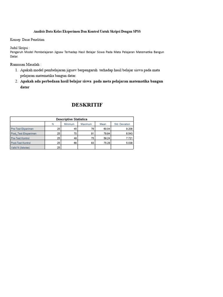 Analisis Data Kelas Eksperimen Dan Kontrol Untuk Skripsi Dengan SPSS | PDF