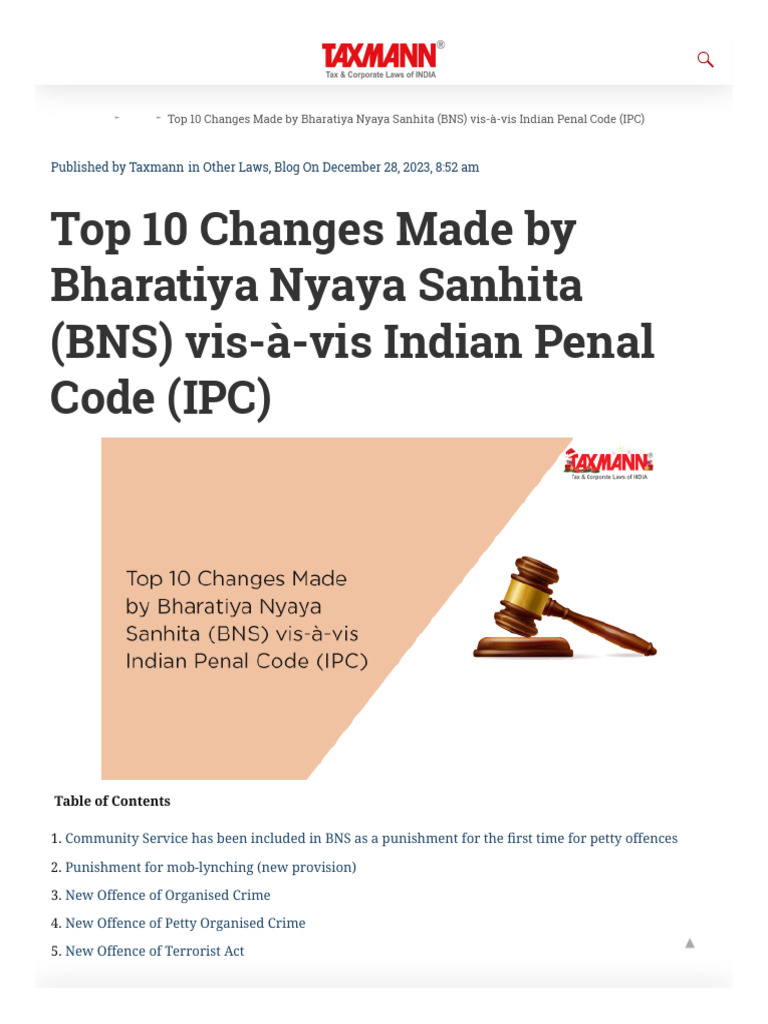 Top 10 Changes Made by Bharatiya Nyaya Sanhita (BNS) Vis-À-Vis Indian Penal Code (IPC) | PDF ...