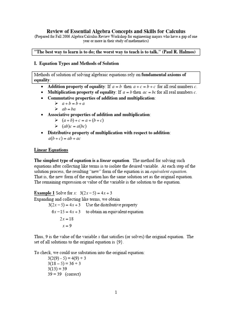 Review of Essential Algebra Concepts and Skills For Calculus Autor Utah ...