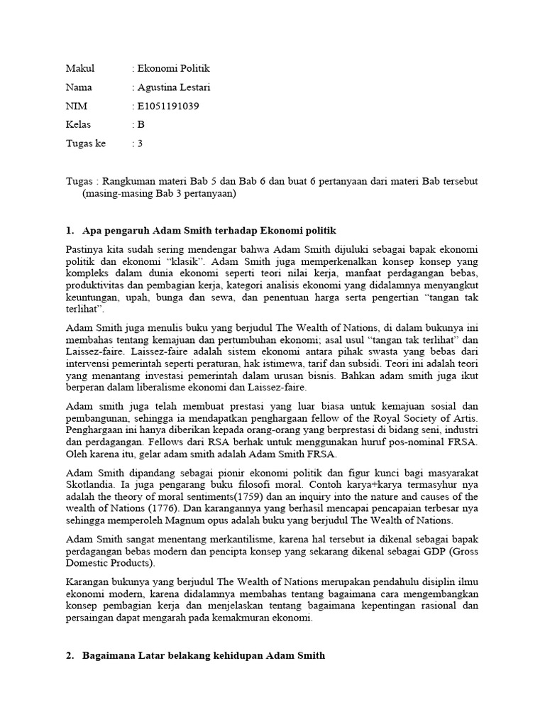 Tugas 3 Agustina Lestari Ekonomi Politik | PDF | Politik | Sejarah