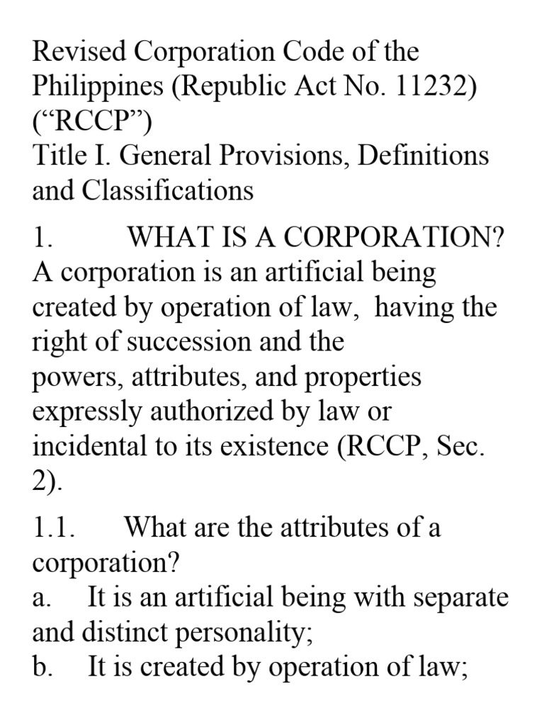 Revised Corporation Code of The Philippines - General Provisions | Download Free PDF | Stocks ...