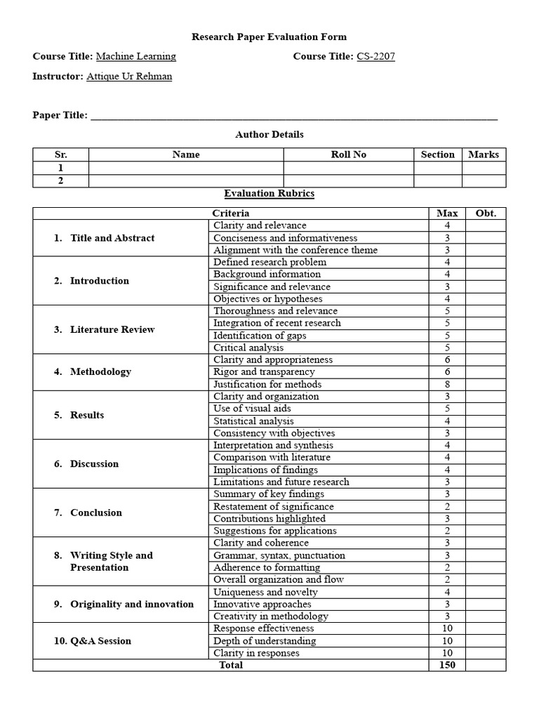 Machine Learning Paper Evaluation Form | PDF | Evaluation | Methodology