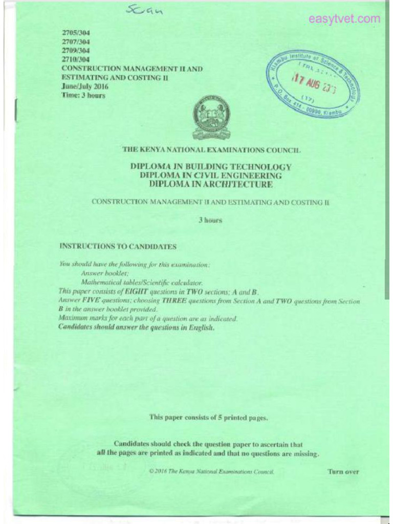 Construction Management Ii, Estimation and Costing Ii-Knec Past Papers ...