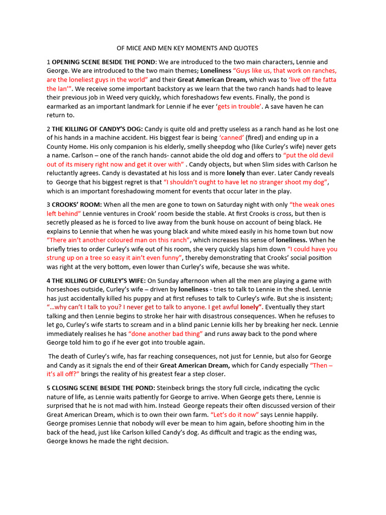 Key Moments and Quotes in Of Mice and Men | PDF