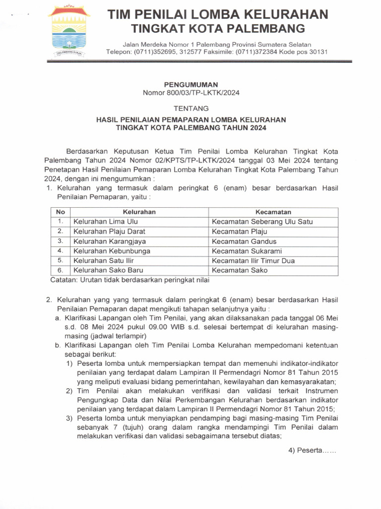 Hasil Penilaian Pemaparan Lomba Kelurahan 2024 | PDF
