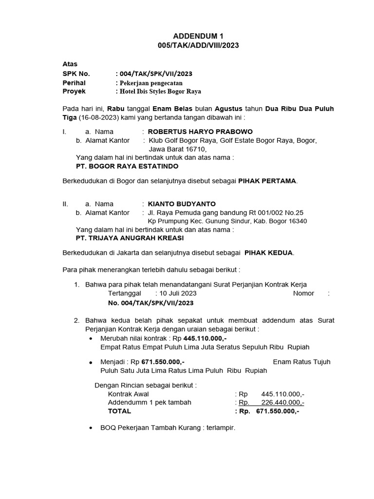 Contoh Addendum 1 Pengecatan Ibis | PDF