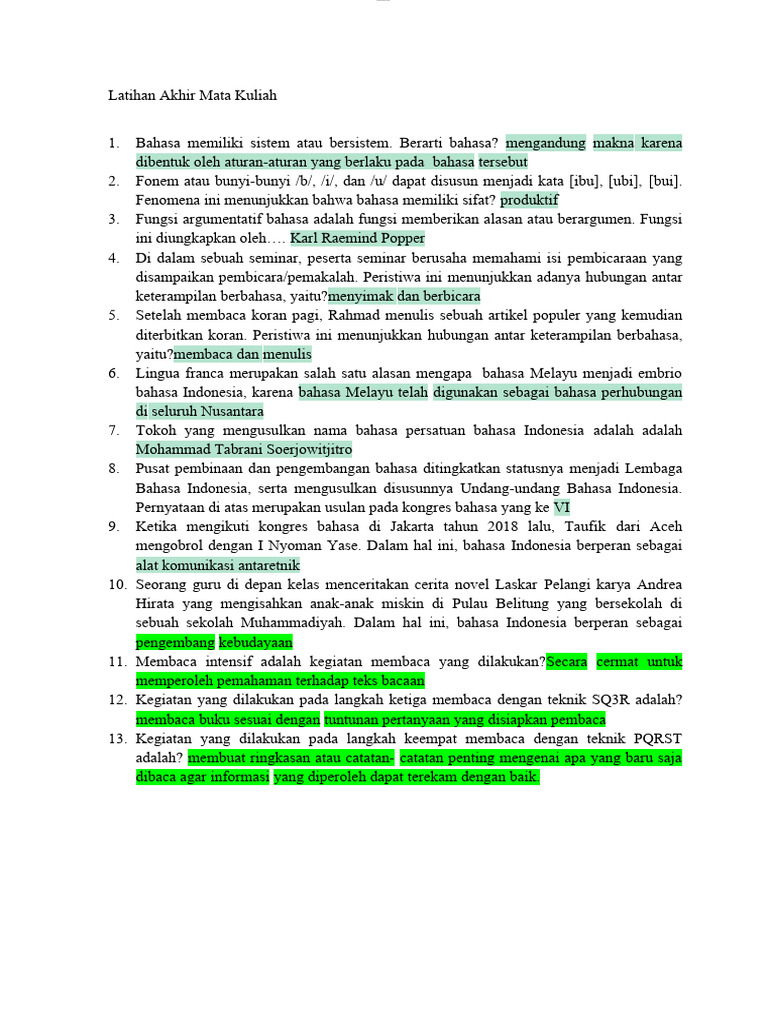 Latihan Akhir Mata Kuliah Bahasa Indonesia | PDF