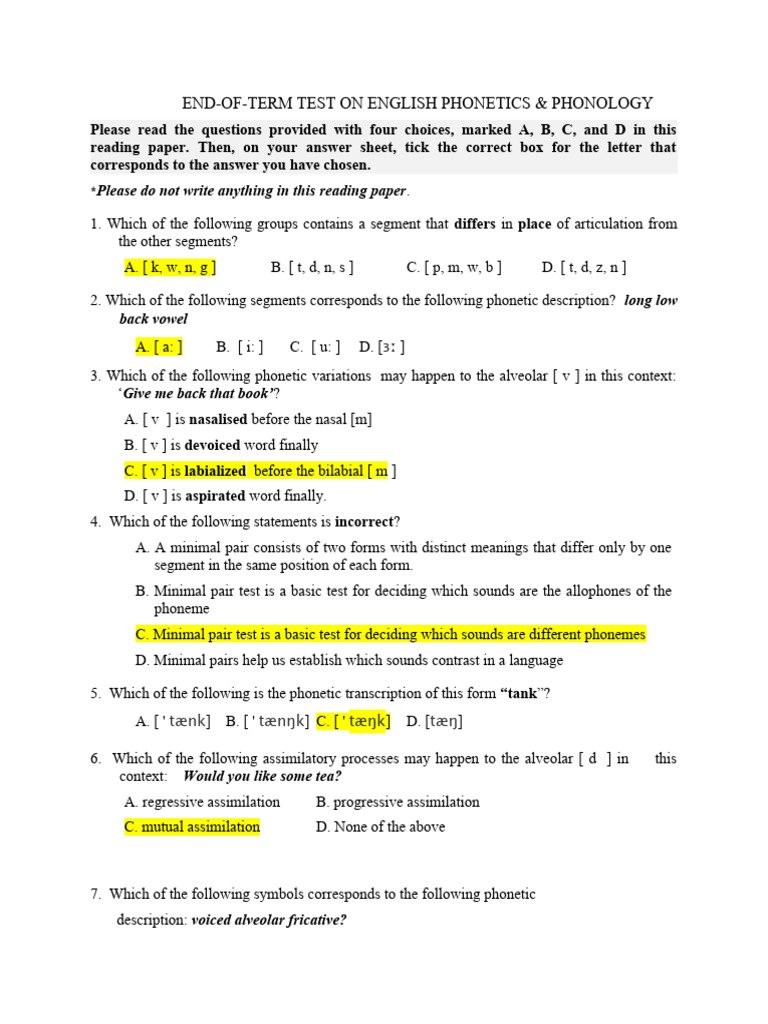 Bản Sao Phonetics and Phonology Sample Test 1 | Download Free PDF ...