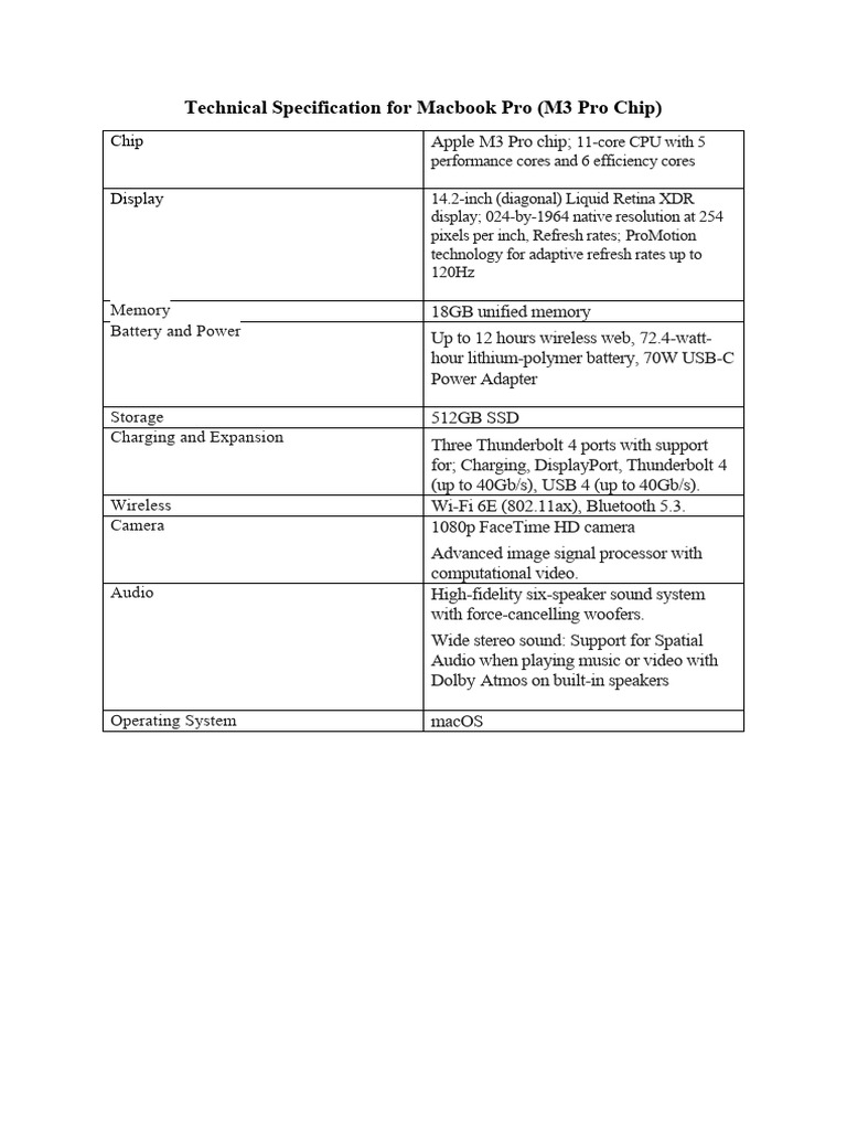 Macbook Pro (M3 Pro Chip) Specs | PDF