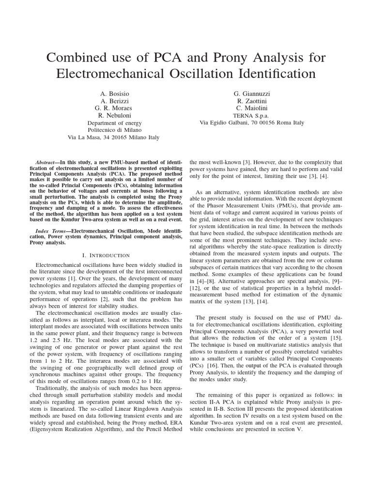 Combined Use of PCA and Prony Analysis For Electromechanical Oscillation Identification | PDF ...