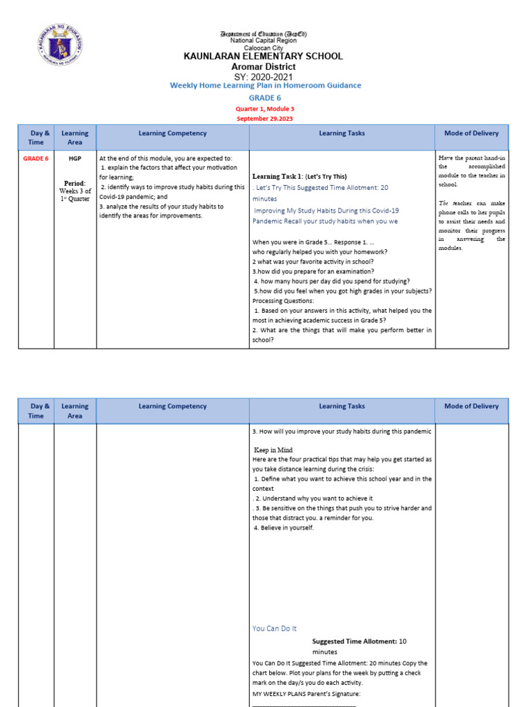 Hgp-Whlp-Grade-6 Q1 W3 | PDF | Learning | Teachers