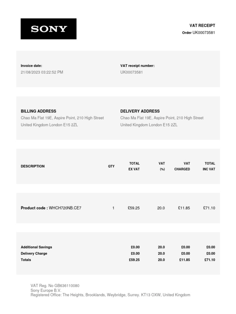 UK VAT Receipt Sample for Invoice UK00073581 | PDF