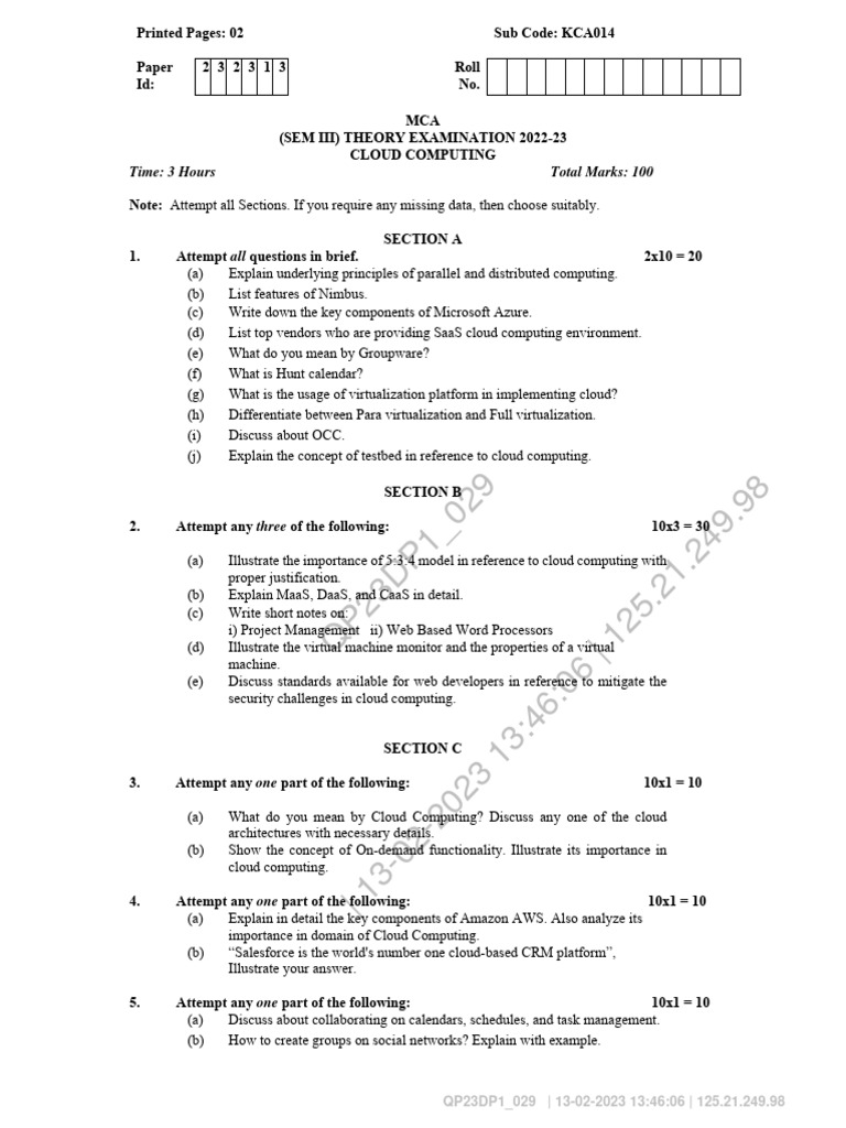 Mca 3 Sem Cloud Computing Kca014 2023 | PDF | Cloud Computing | Computing
