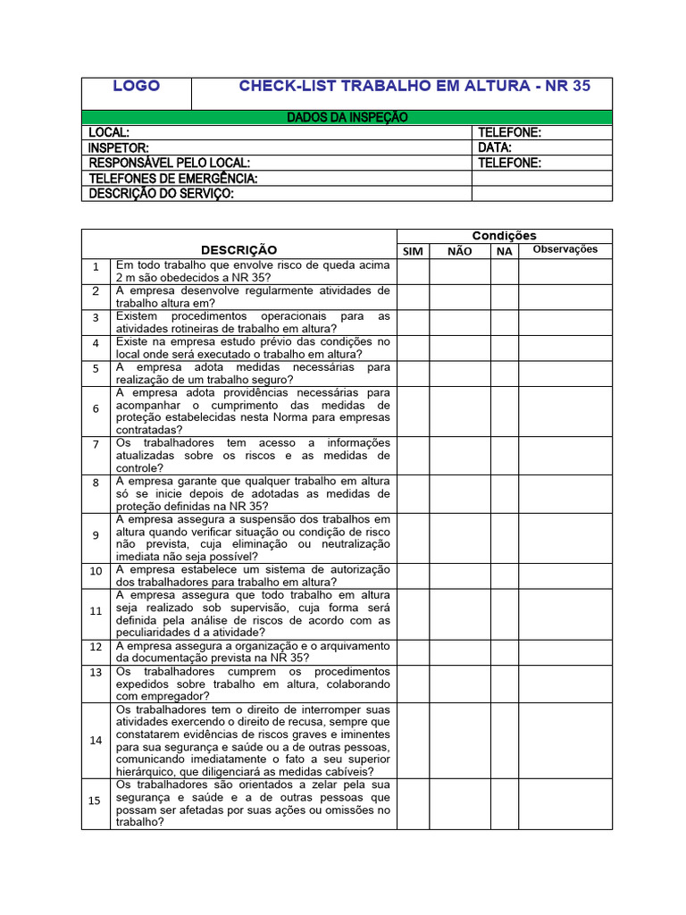 Check-list NR 35: Segurança em Trabalho em Altura | PDF ...