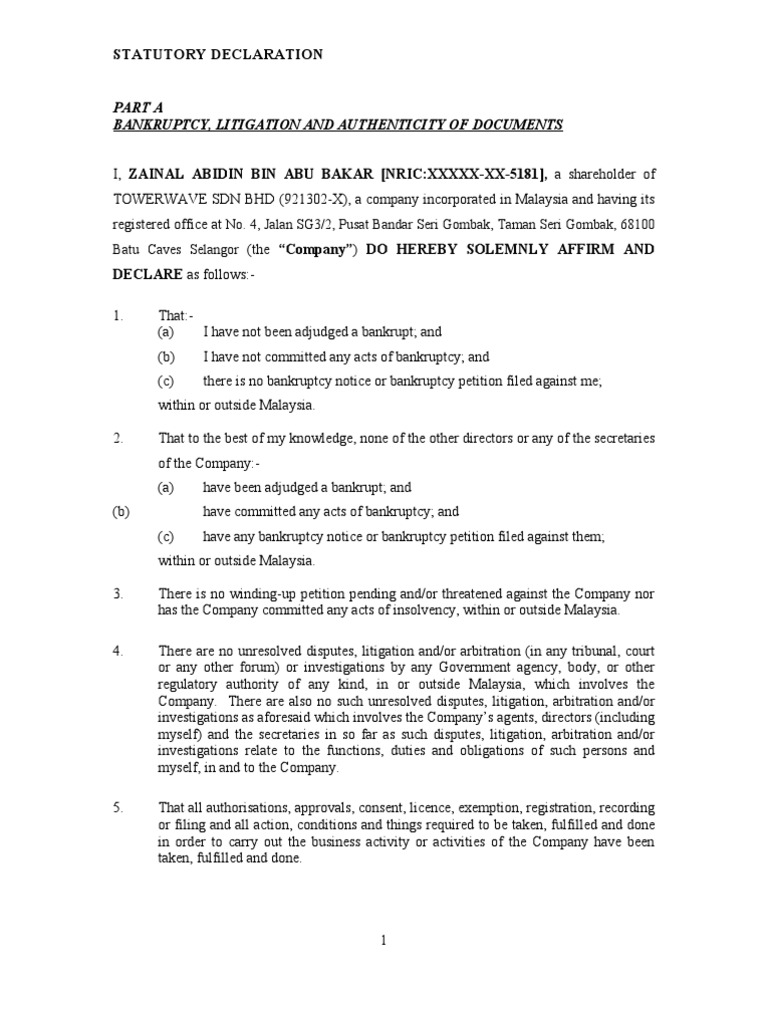 Statutory Declaration: Part A Bankruptcy, Litigation and Authenticity ...