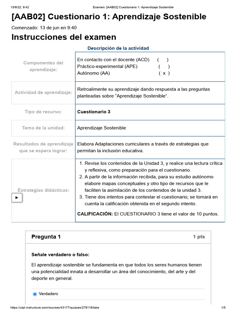 Examen - (AAB02) Cuestionario 1 - Aprendizaje Sostenible | PDF | Aprendizaje | Cuestionario