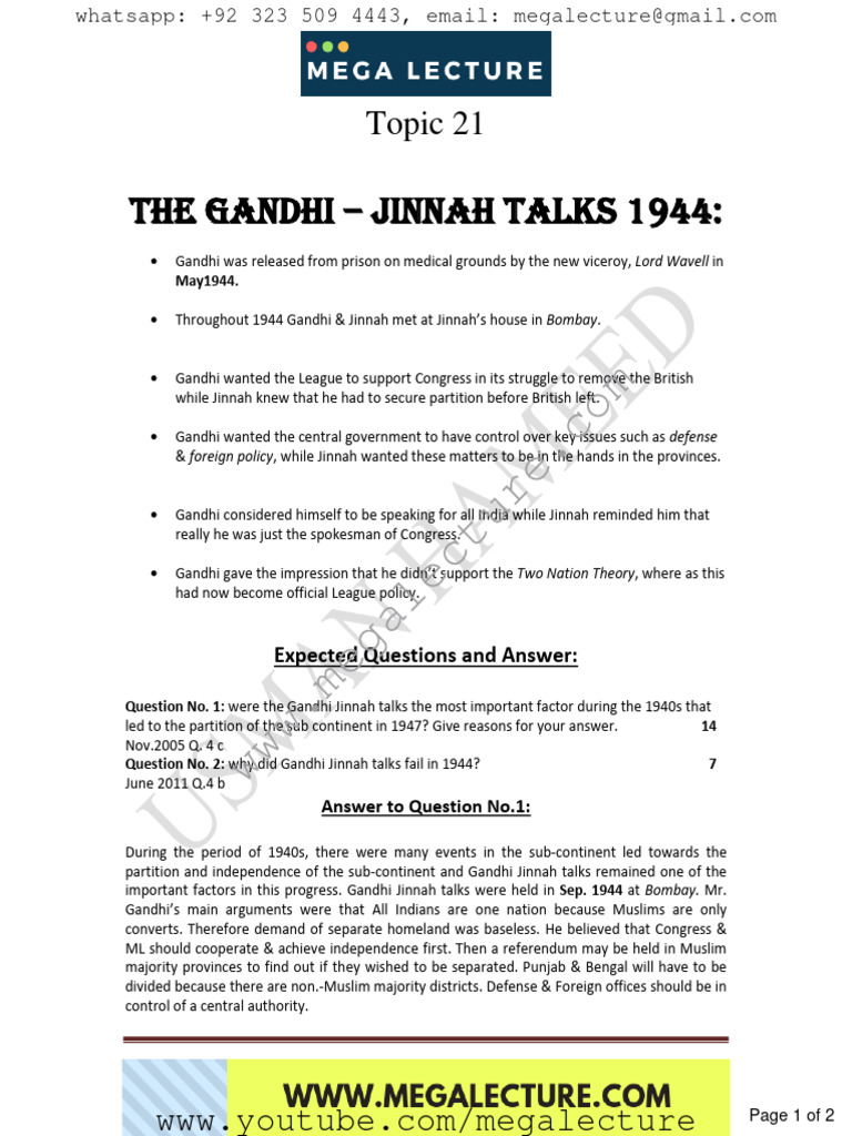 Gandhi-Jinnah Talks and Partition 1944 | PDF | Muhammad Ali Jinnah ...