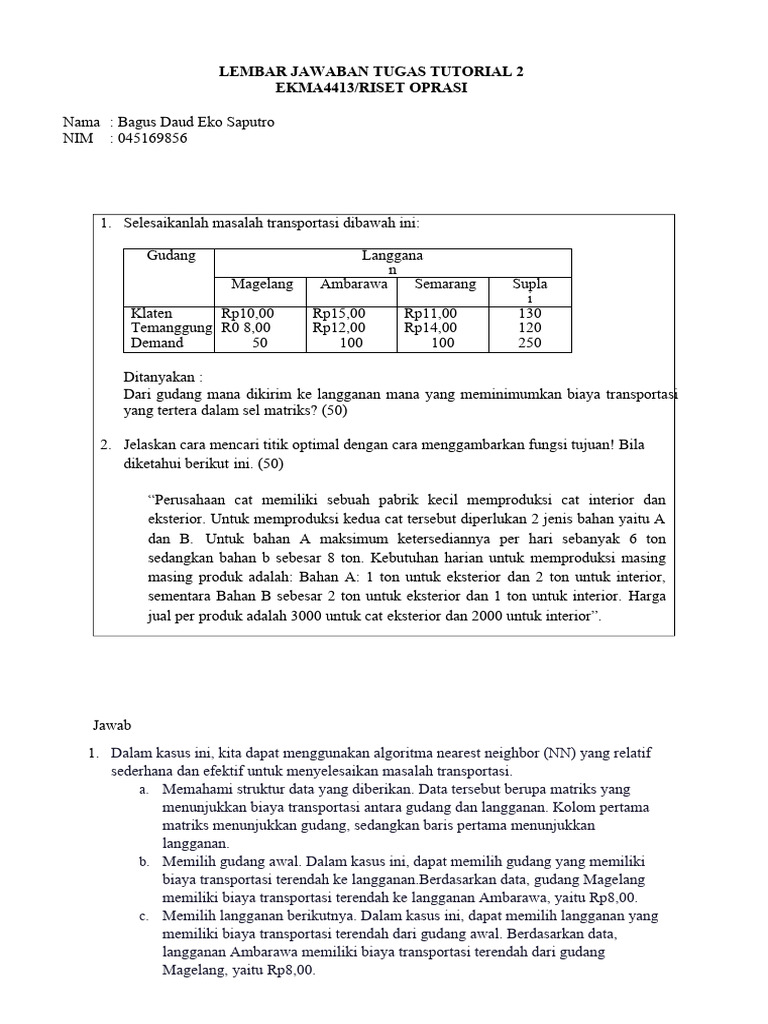 Tugas Tutorial 2 Riset Operasi | PDF | Metode & Bahan Ajar