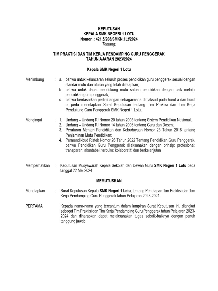 Tim Guru Penggerak SMKN 1 Lotu 2023/24 | PDF