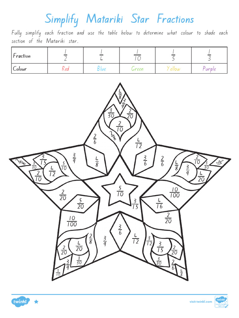 nz2 M 224 New Zealand Matariki Simplify Fractions Activity Sheets - Ver - 3 | PDF | Blue | Green